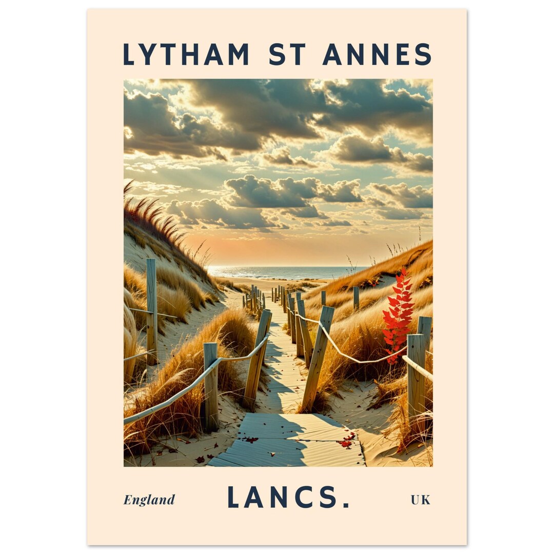 Vibrant Retro Lytham St Annes Poster - Stunning Sand Dunes & Sea Wall ...