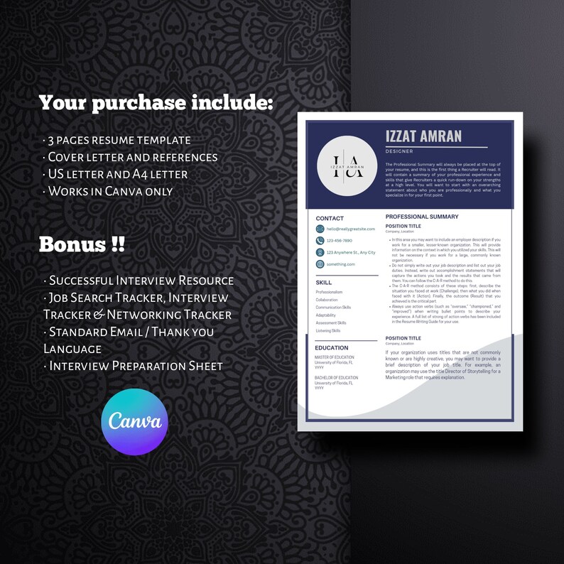 Creative & Modern Resume / CV Template for Canva professional Resume ...