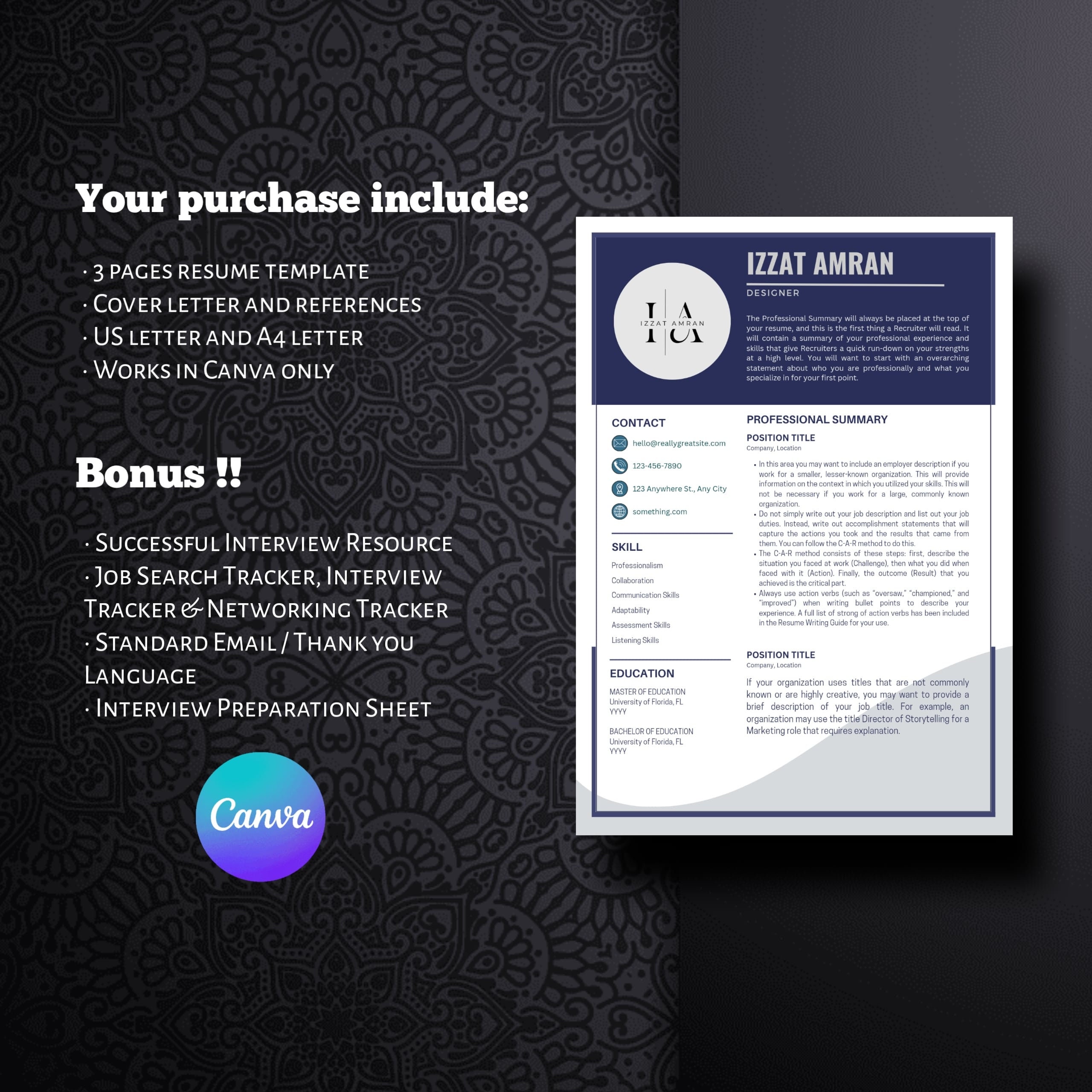 Creative & Modern Resume / CV Template for Canva professional Resume ...