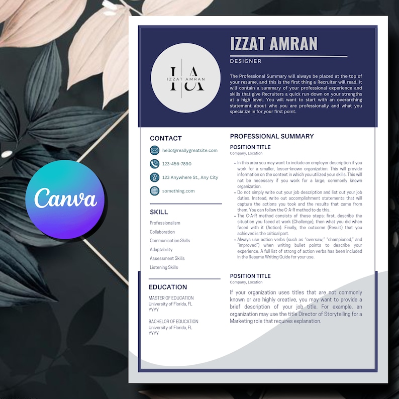 Creative & Modern Resume / CV Template for Canva professional Resume ...