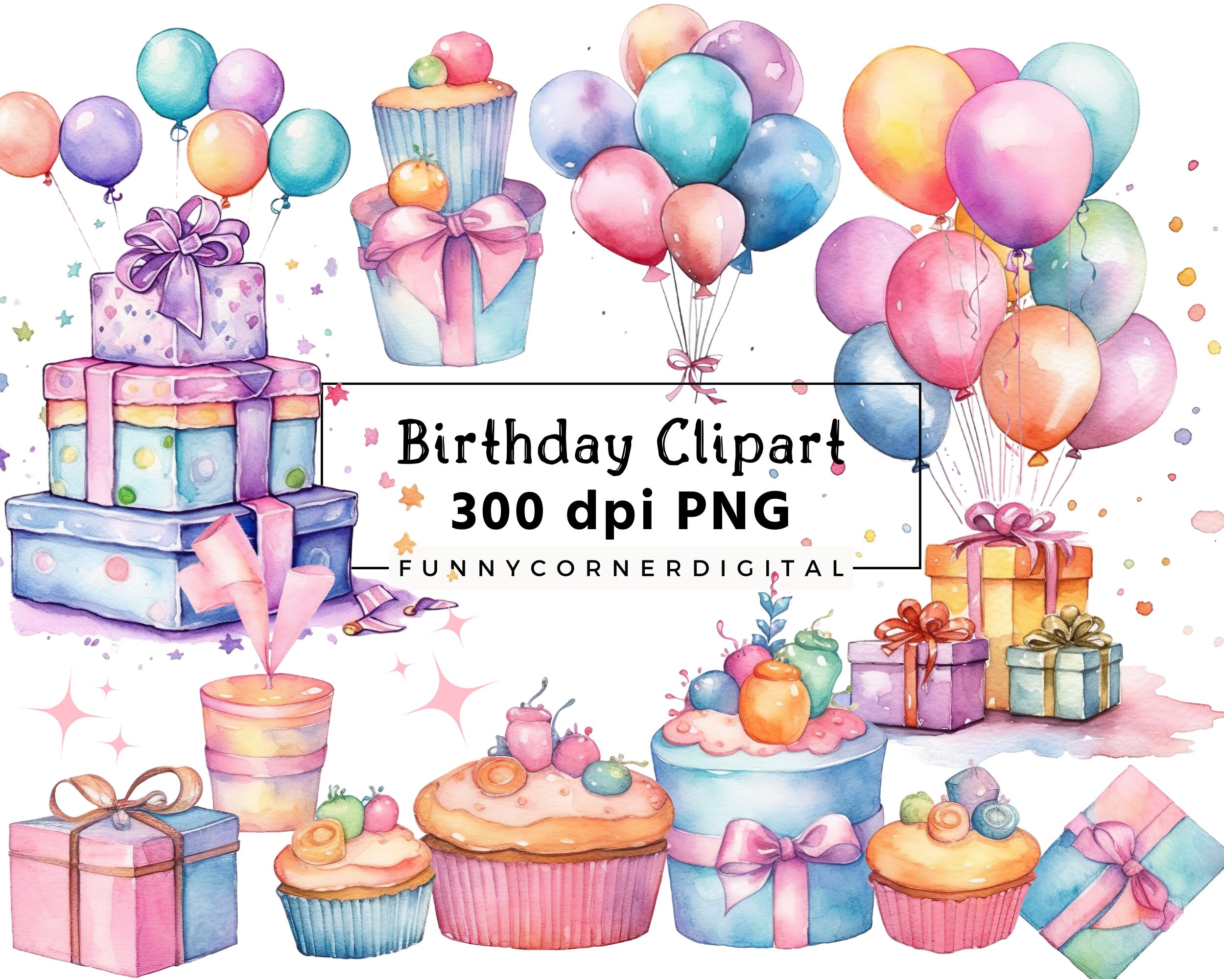 13 Watercolor Birthday Clipart Party Balloons PNG Birthday Cake Clipart ...