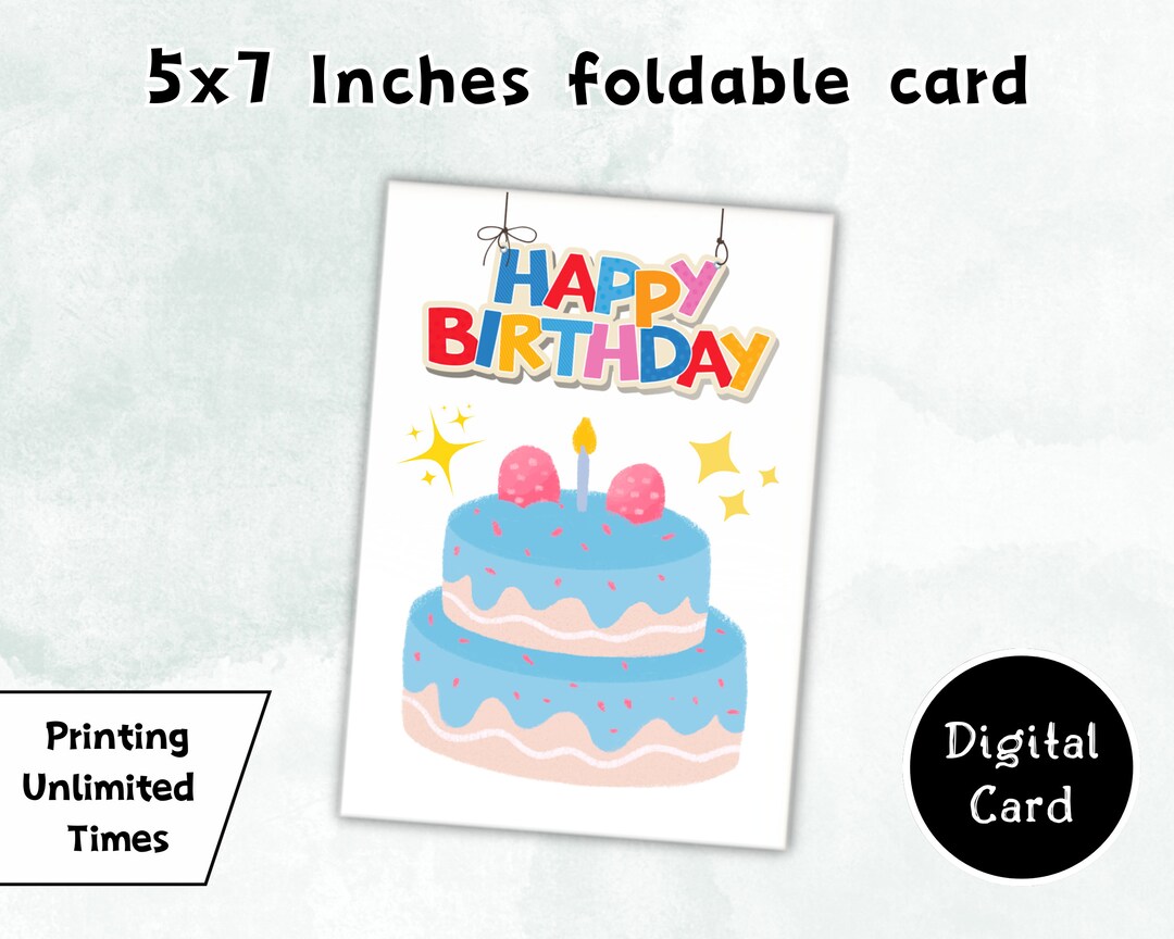 Printable Cute Birthday Day Card for Kids Colorful Digital Party ...