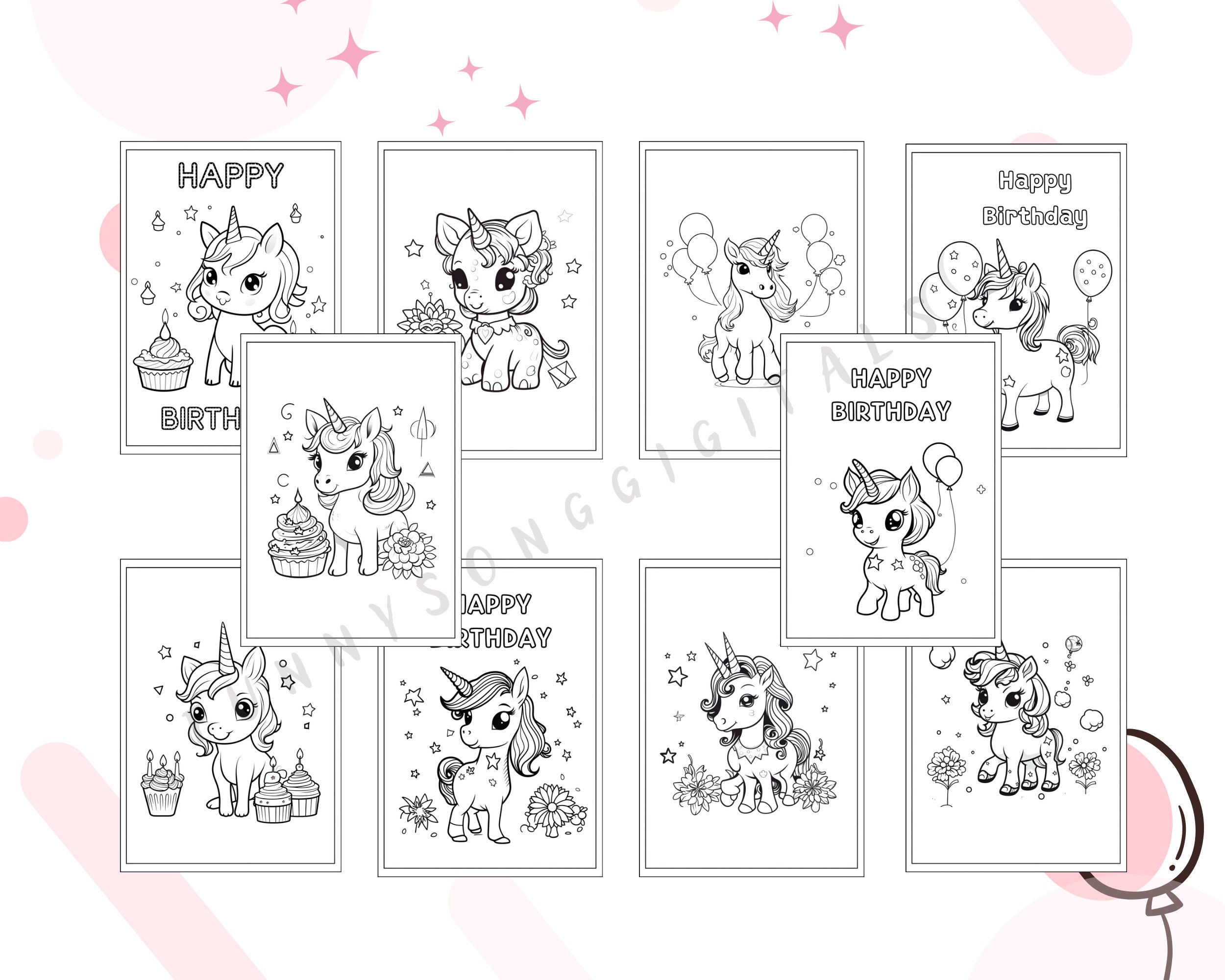 20 Unicorn Coloring Birthday Pages Coloring Book for Kids Girl ...