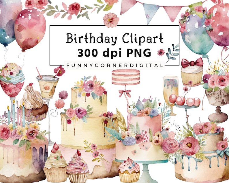 33 Water Color Birthday Clipart , Birthday Party Clipart,children ...
