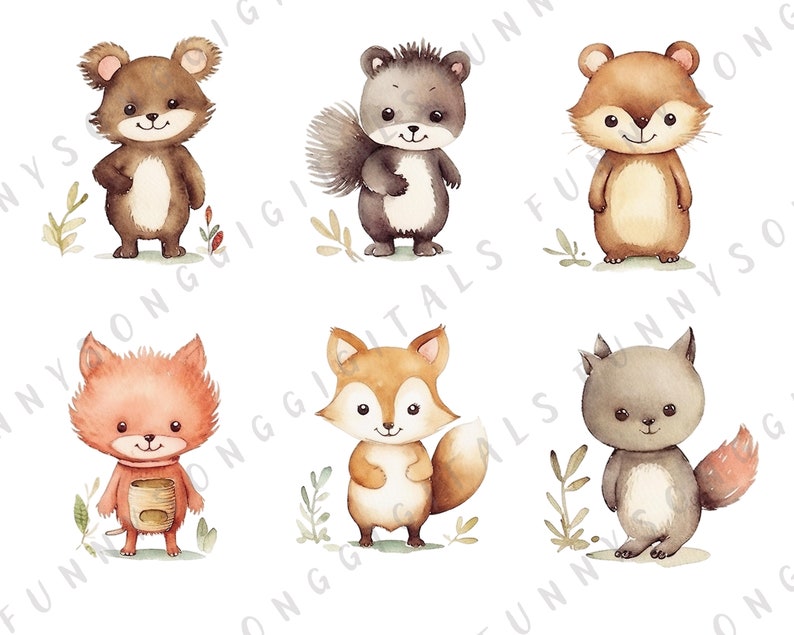 26 Watercolor Woodland Animals Clipart Forest Animals PNG Forest Cute ...