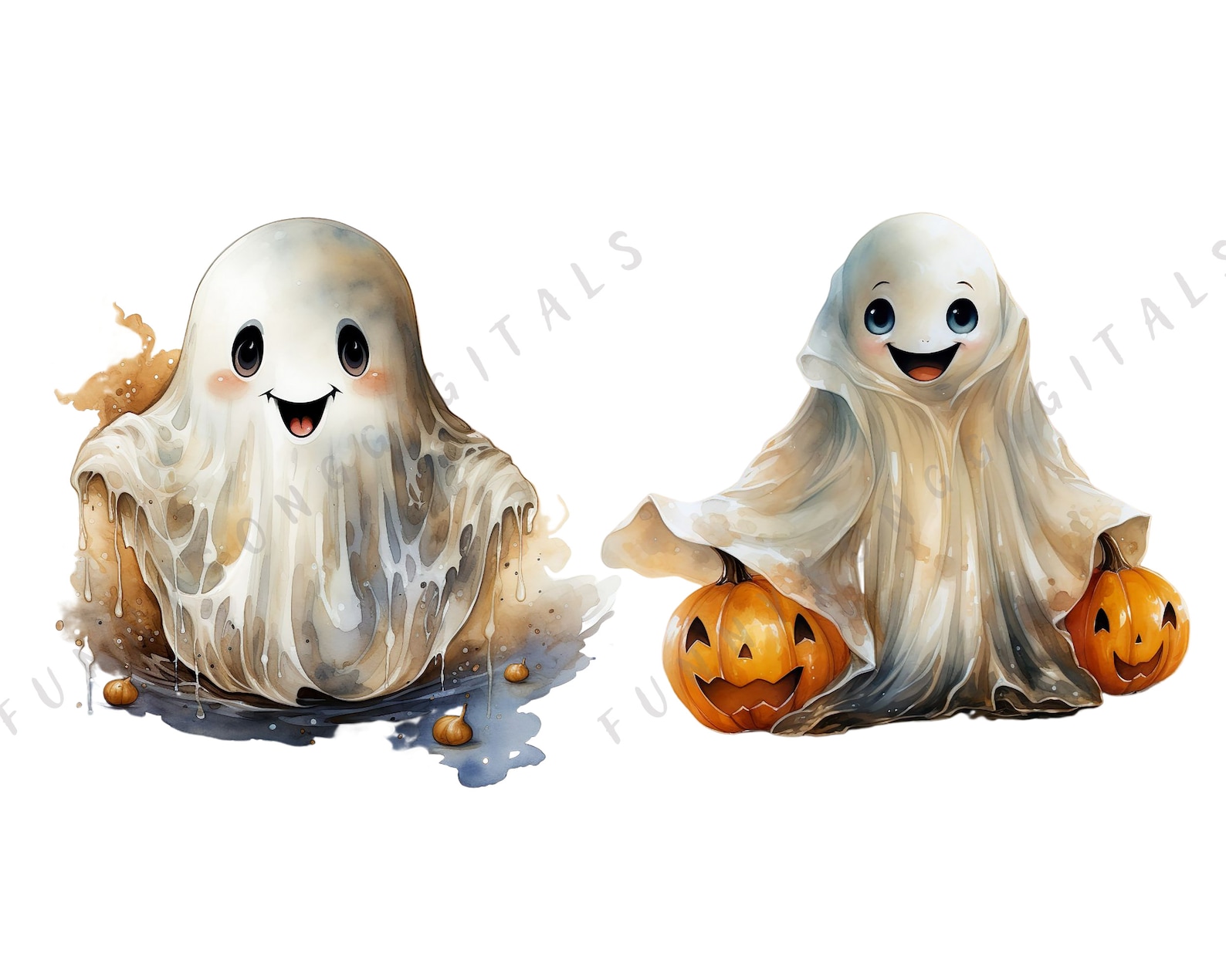 12 PNG Watercolor Cute Ghost Clipart Watercolor Halloween Clipart ...