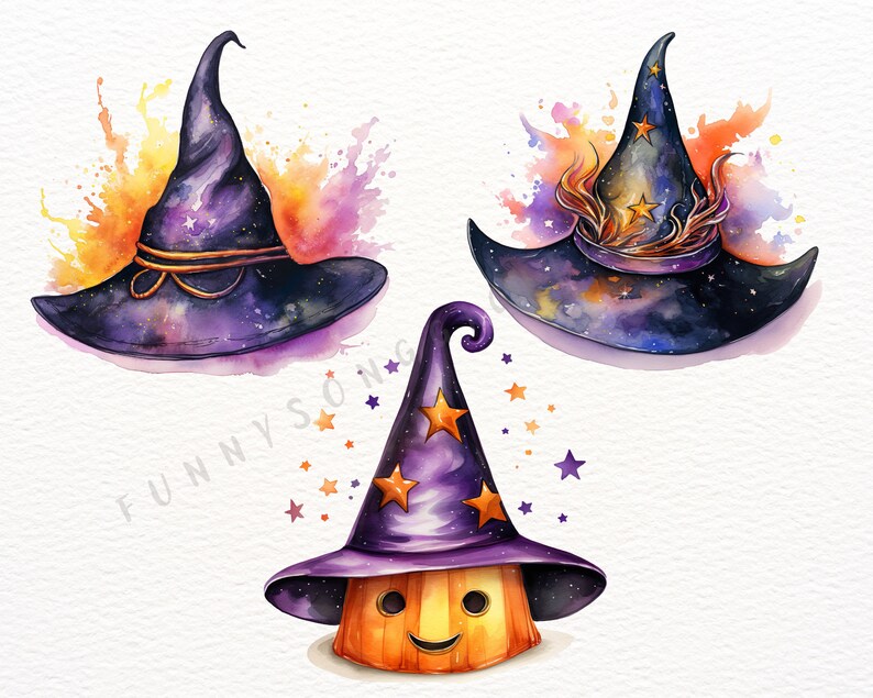 11 PNG Watercolor Whimsical Witch Hats Clipart Watercolor Halloween ...