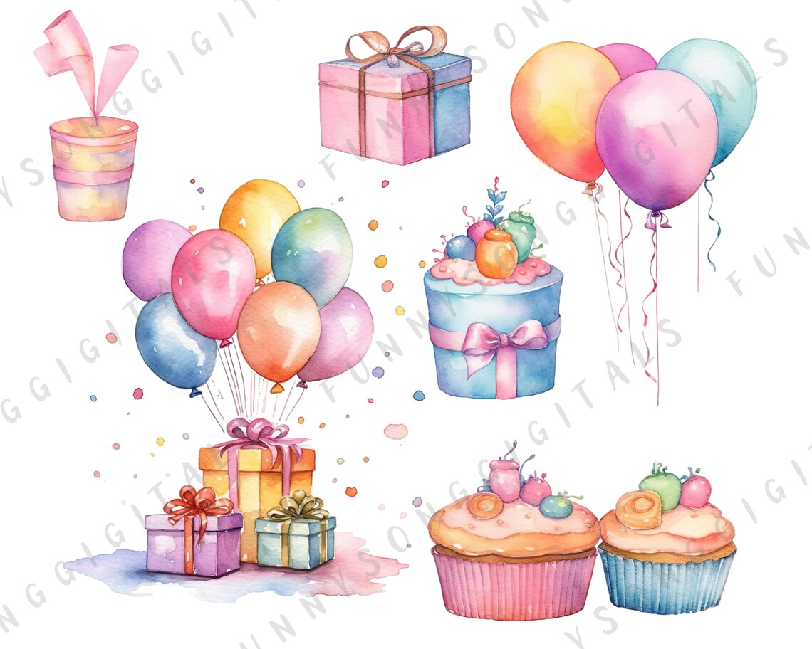13 Watercolor Birthday Clipart Party Balloons PNG Birthday Cake Clipart ...
