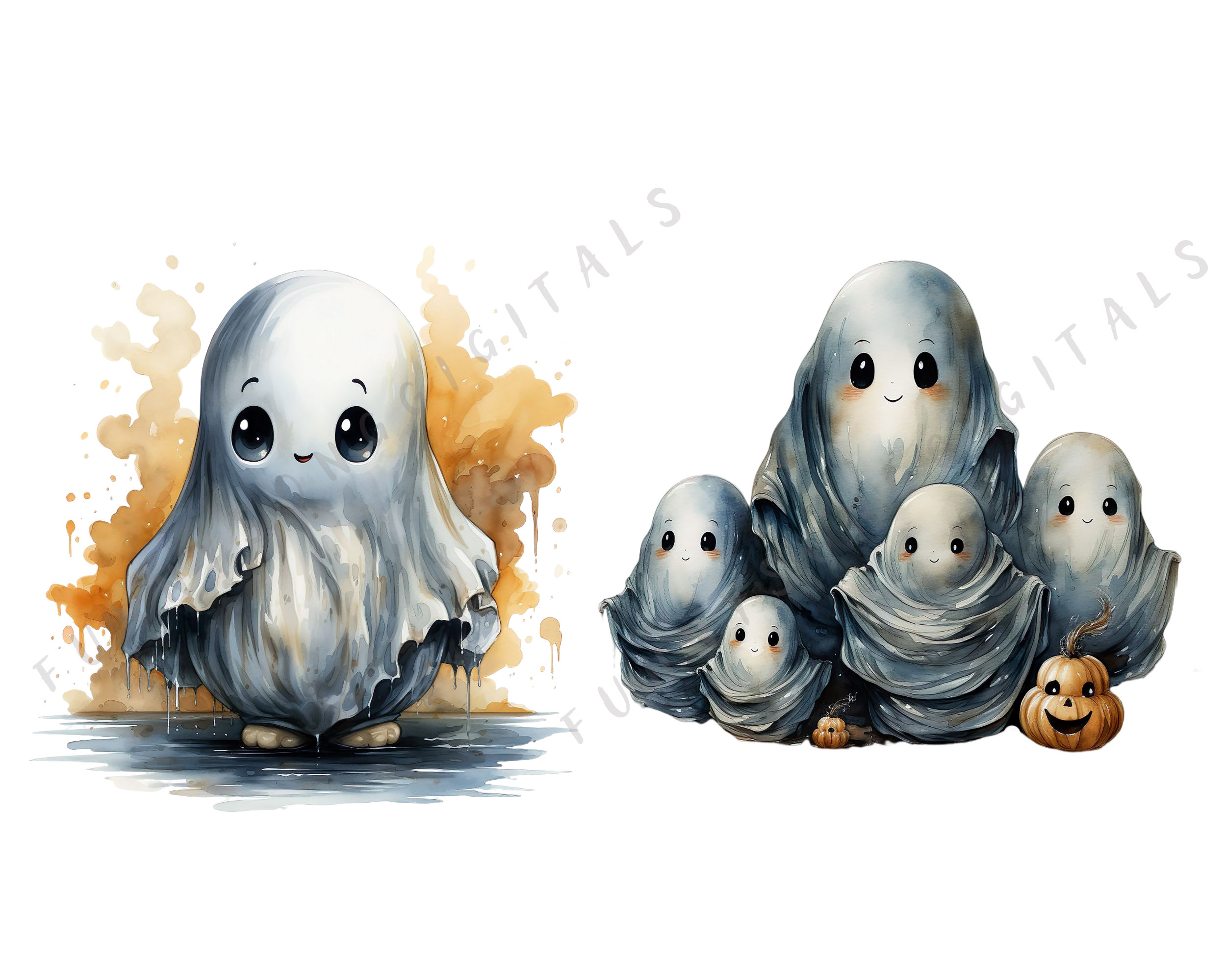12 PNG Watercolor Cute Ghost Clipart Watercolor Halloween Clipart ...
