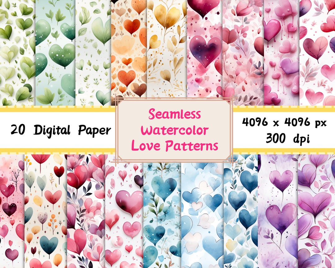 20 Love Seamless Digital Paper Hearts Colorful Seamless Patterns Love ...