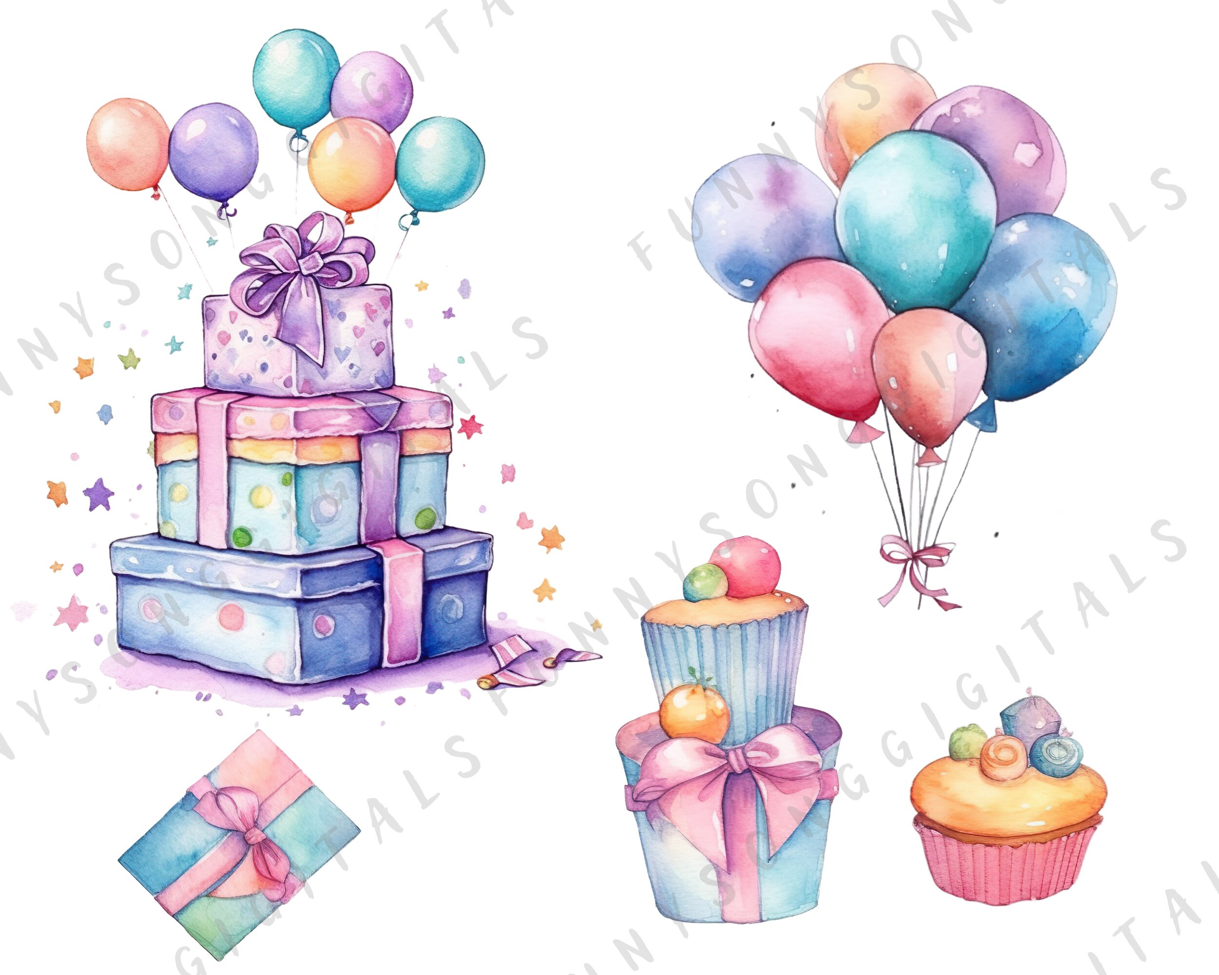 13 Watercolor Birthday Clipart Party Balloons PNG Birthday Cake Clipart ...