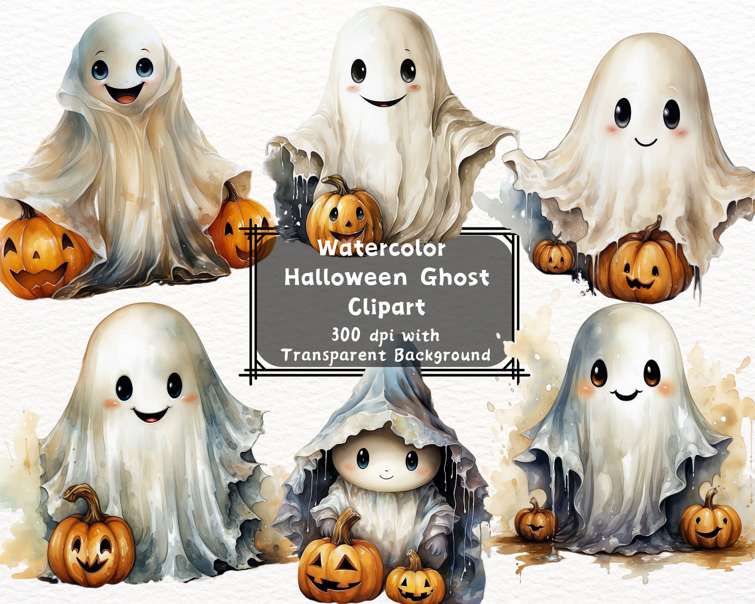 12 PNG Watercolor Cute Ghost Clipart Watercolor Halloween Clipart ...