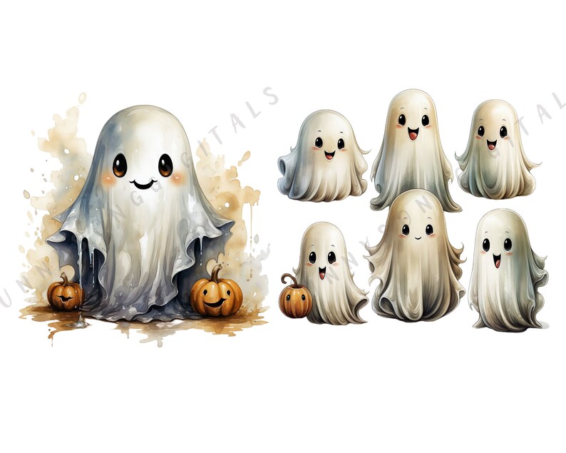 12 PNG Watercolor Cute Ghost Clipart Watercolor Halloween Clipart ...