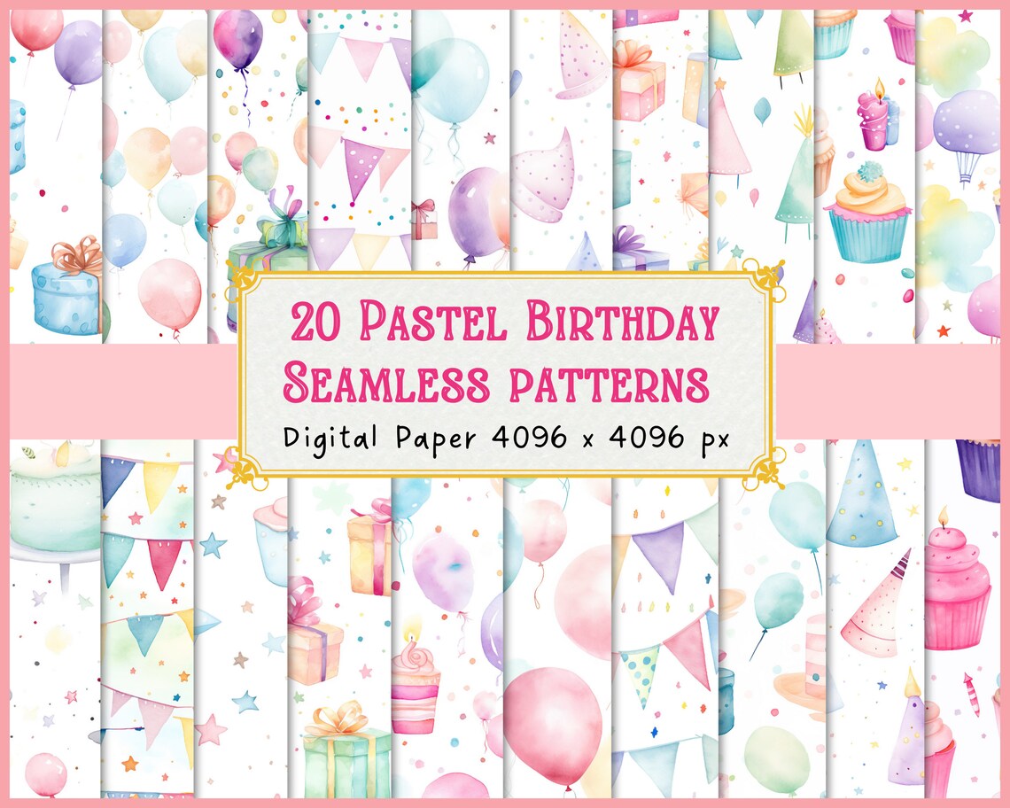 20 Birthday Digital Papers Watercolor Birthday Seamless Patterns ...