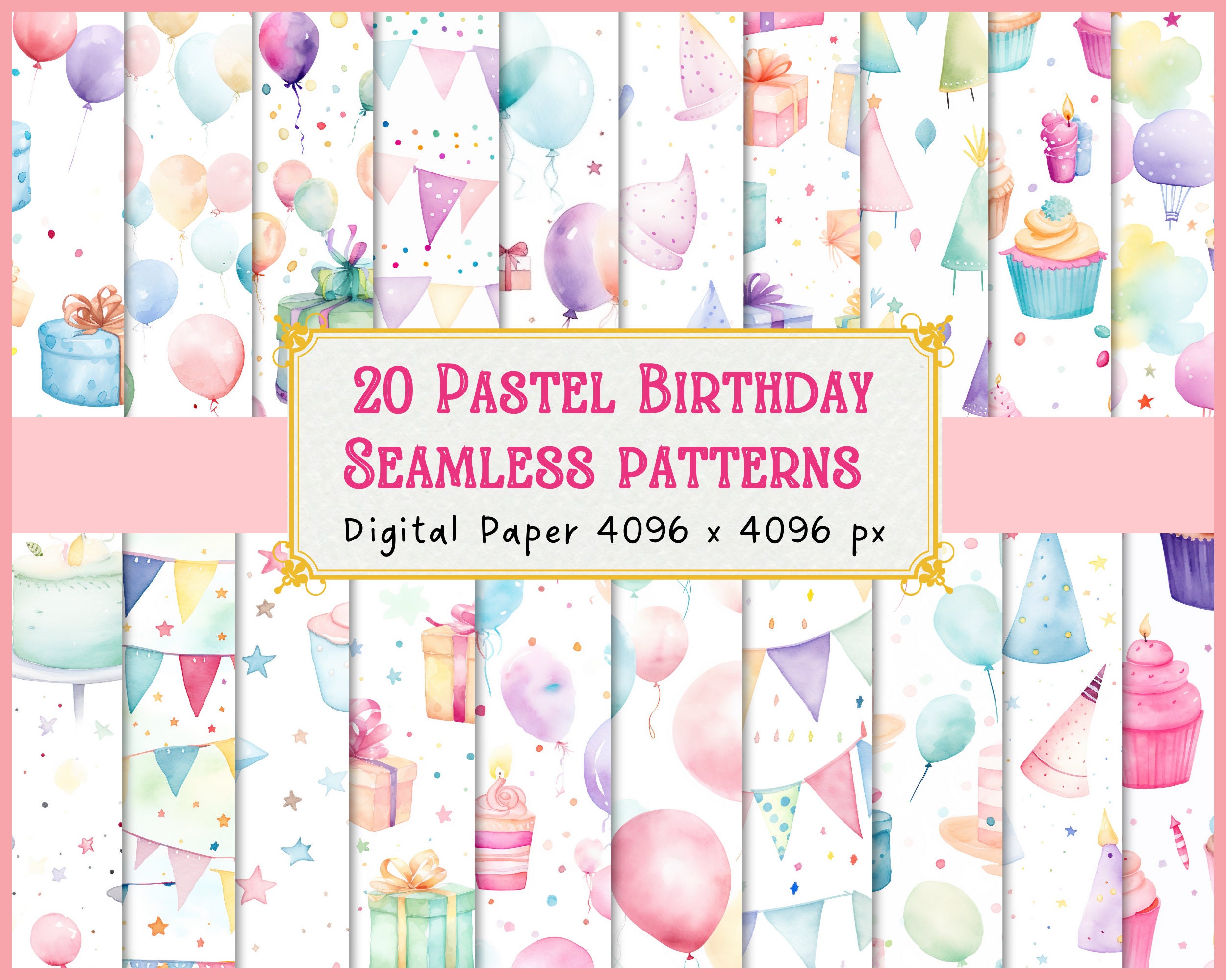 20 Birthday Digital Papers Watercolor Birthday Seamless Patterns ...