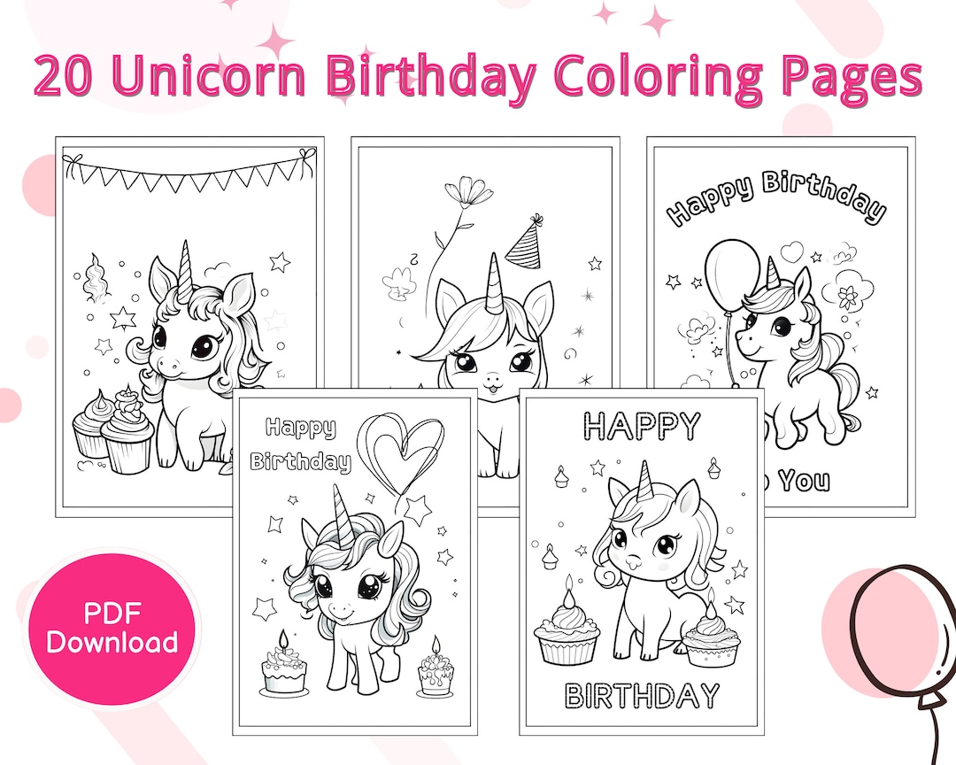 20 Unicorn Coloring Birthday Pages Coloring Book for Kids Girl ...