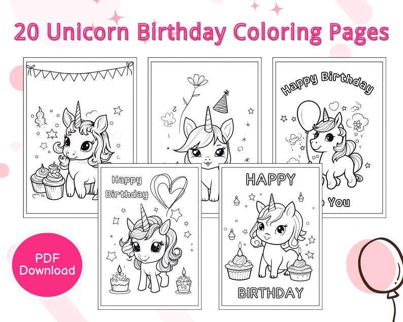20 Unicorn Coloring Birthday Pages Coloring Book for Kids Girl ...