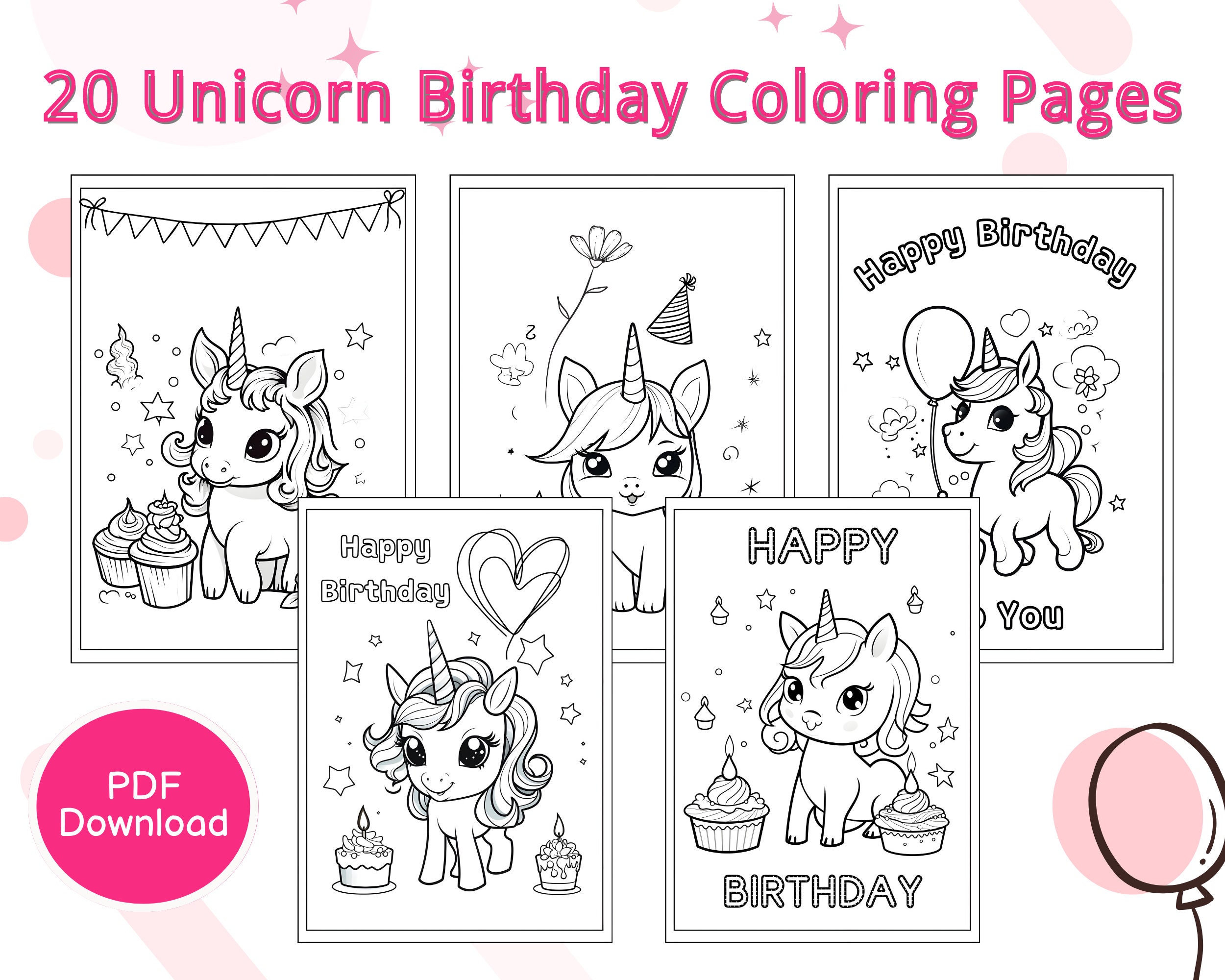 20 Unicorn Coloring Birthday Pages Coloring Book for Kids Girl ...