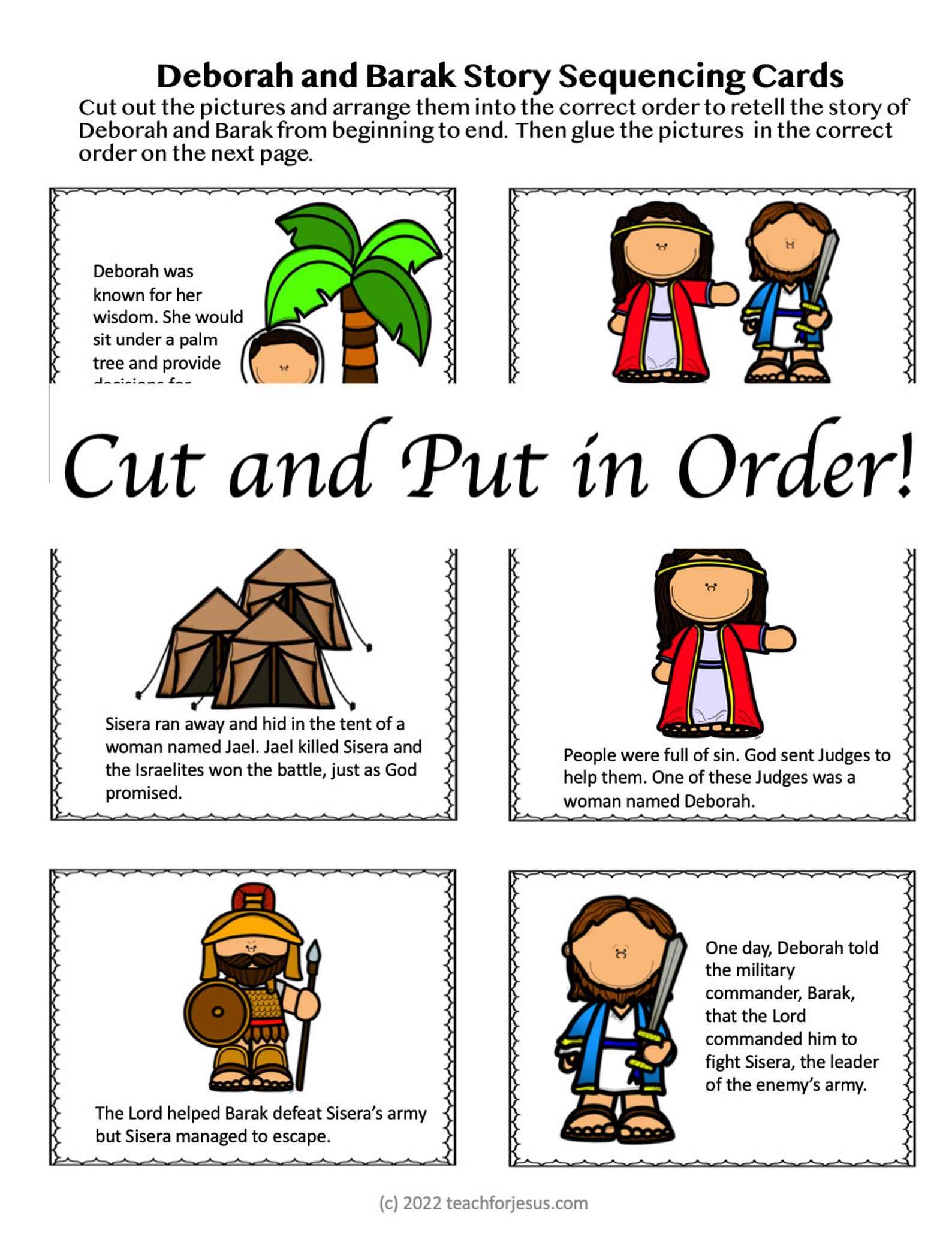 Deborah and Barak Bible Story Sequencing Cards for Sunday School ...