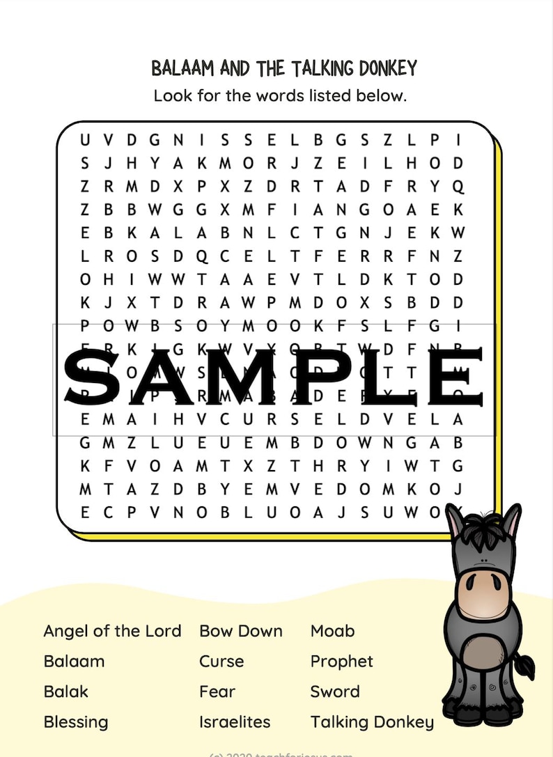 Balaam and the Talking Donkey Bible Word Search Puzzle for Kids Sunday ...