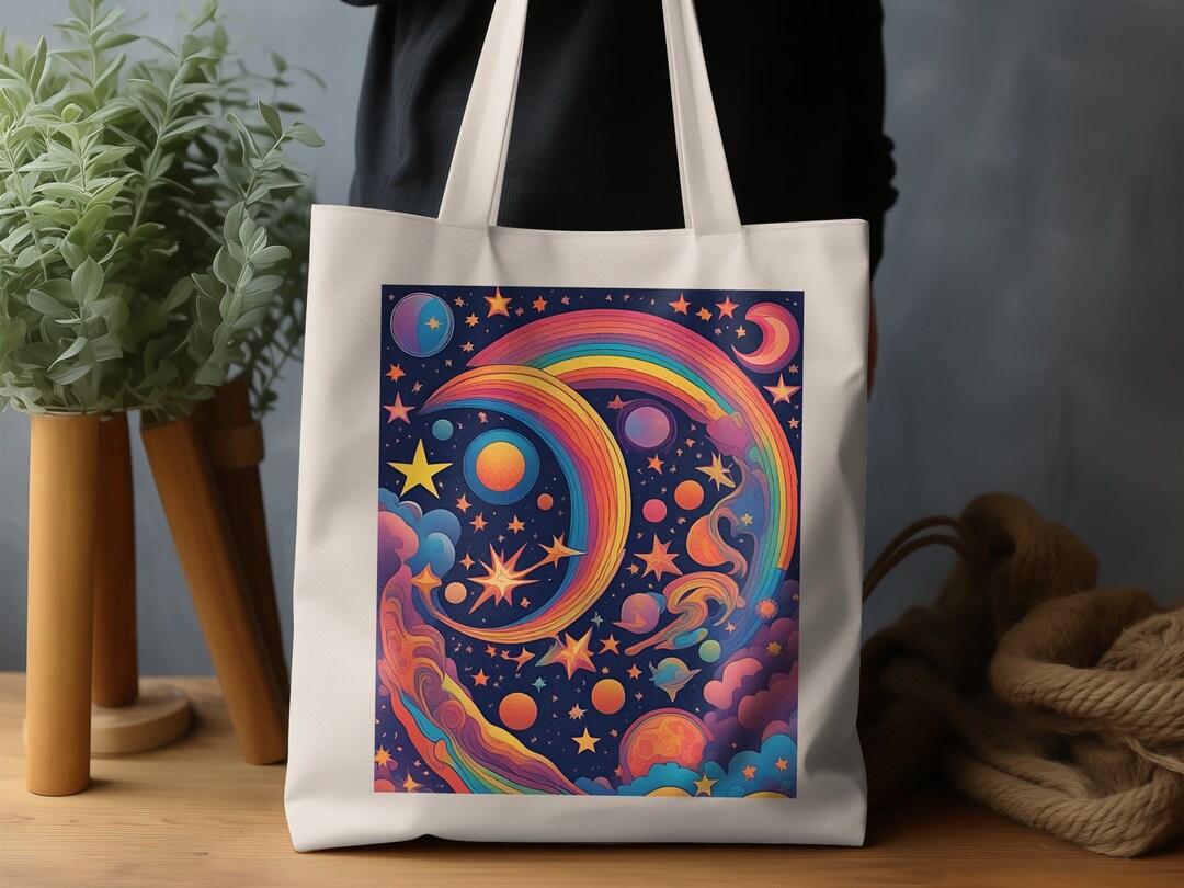 Vibrant Cosmic Rainbow Tote Bag, Celestial Bodies Art, Space-themed ...