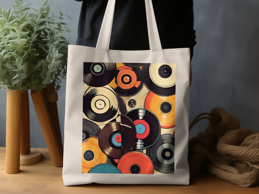Retro Vinyl Records Tote Bag, Music Lover Gift, Retro DJ Canvas Bag ...