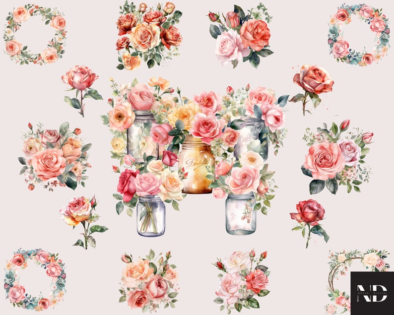 Watercolor Roses Clipart PNG Set of 55 Roses Floral Flower - Etsy