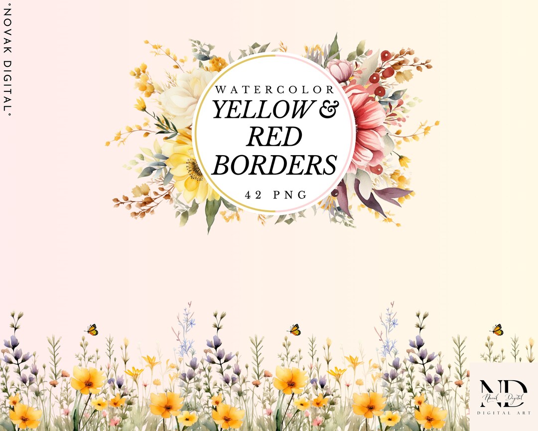 Watercolor Floral Yellow & Red Borders Clipart 42 PNG Watercolor ...