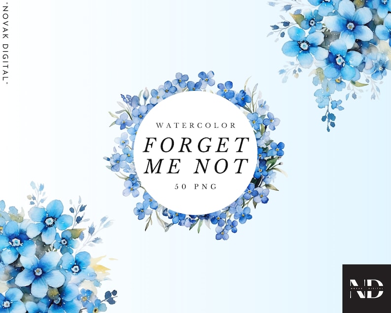 Watercolor Floral Forget Me Not Clipart PNG Set of 50, Blue Flowers ...