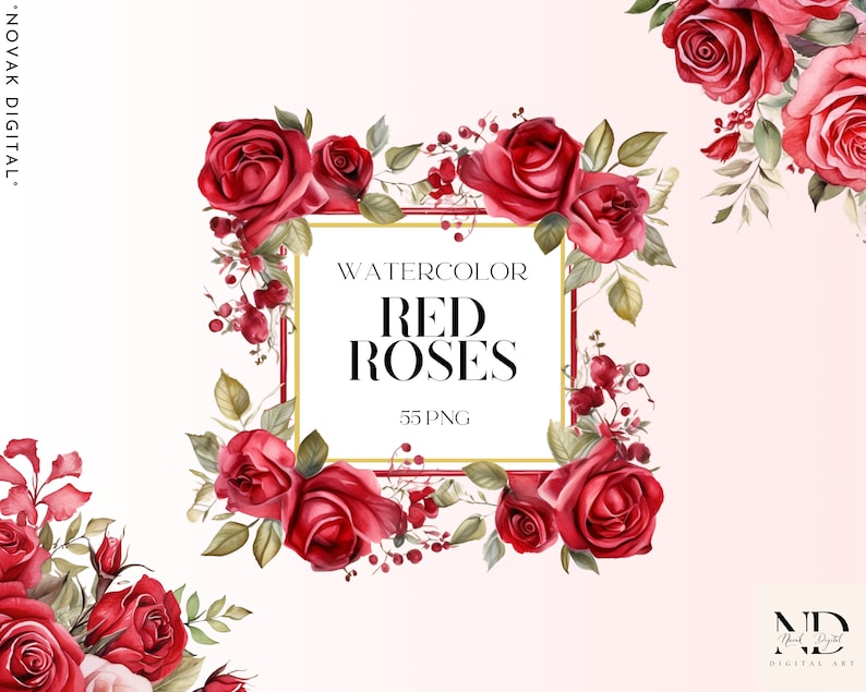 Watercolor Roses Clipart PNG Set of 55, Red Roses Flowers, Red Roses ...