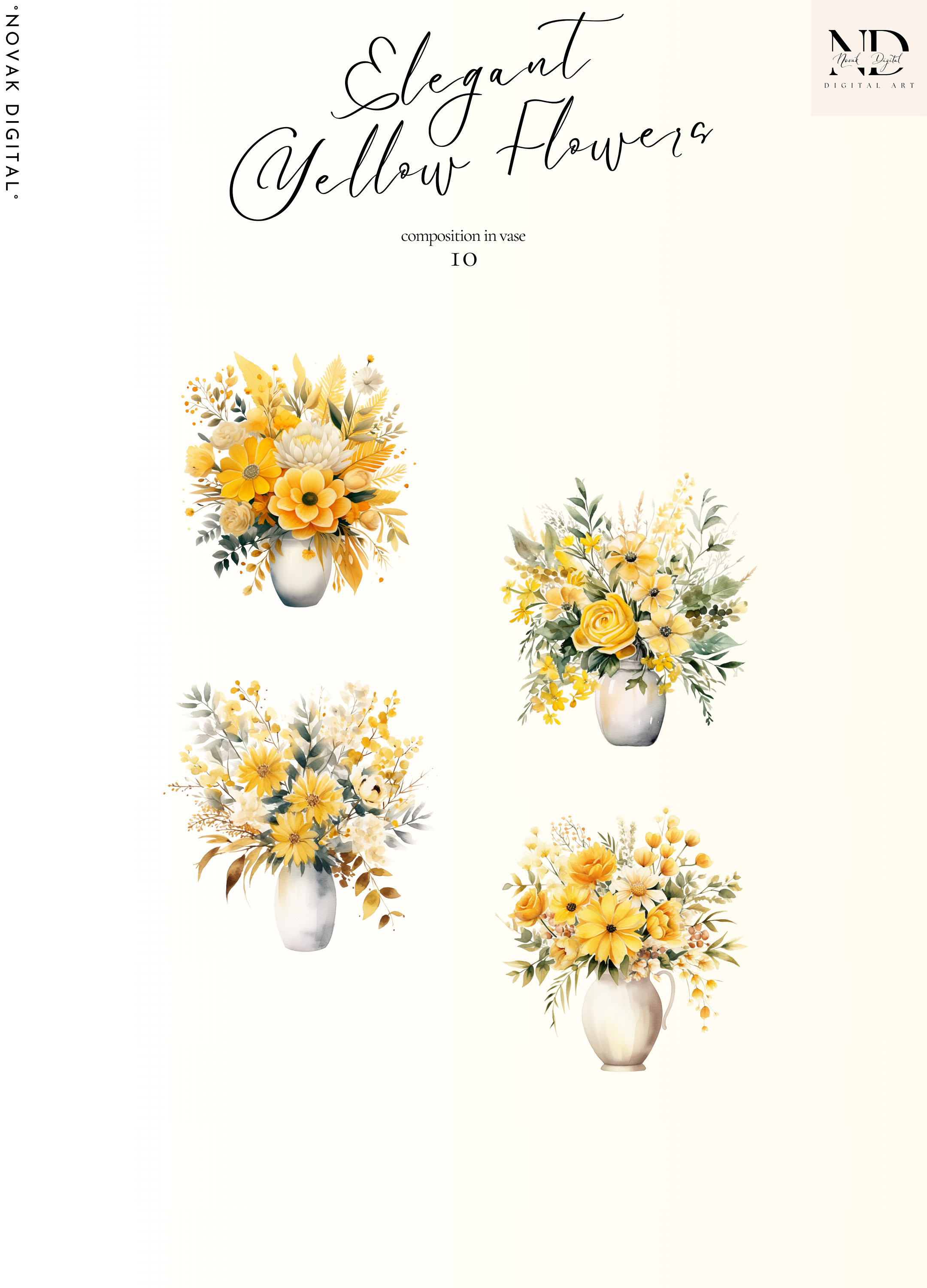 Watercolor Dusty Yellow Flowers Clipart PNG Set of 65, Flowers Bouquet ...