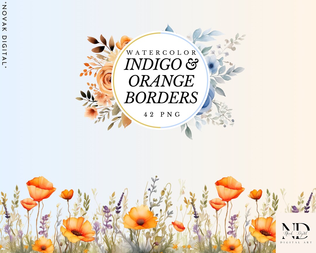 Watercolor Floral Orange & Indigo Borders Clipart 42 PNG Watercolor ...