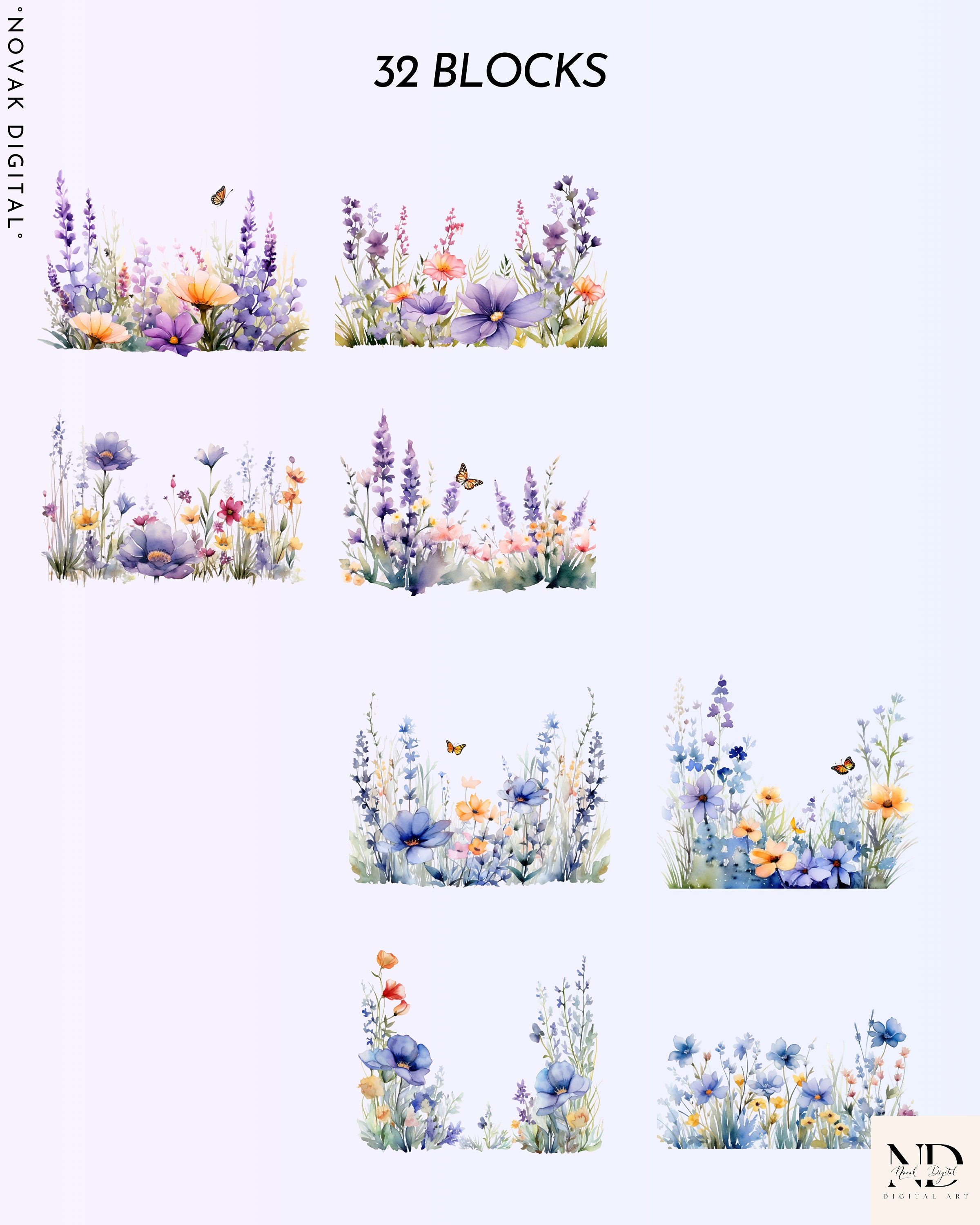 Watercolor Floral Blue & Purple Borders Clipart 42 PNG Watercolor ...
