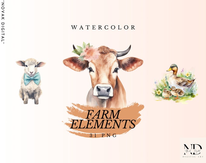 Watercolor Farm Animals Clipart, Cute Farm Png, Watercolor Digital ...