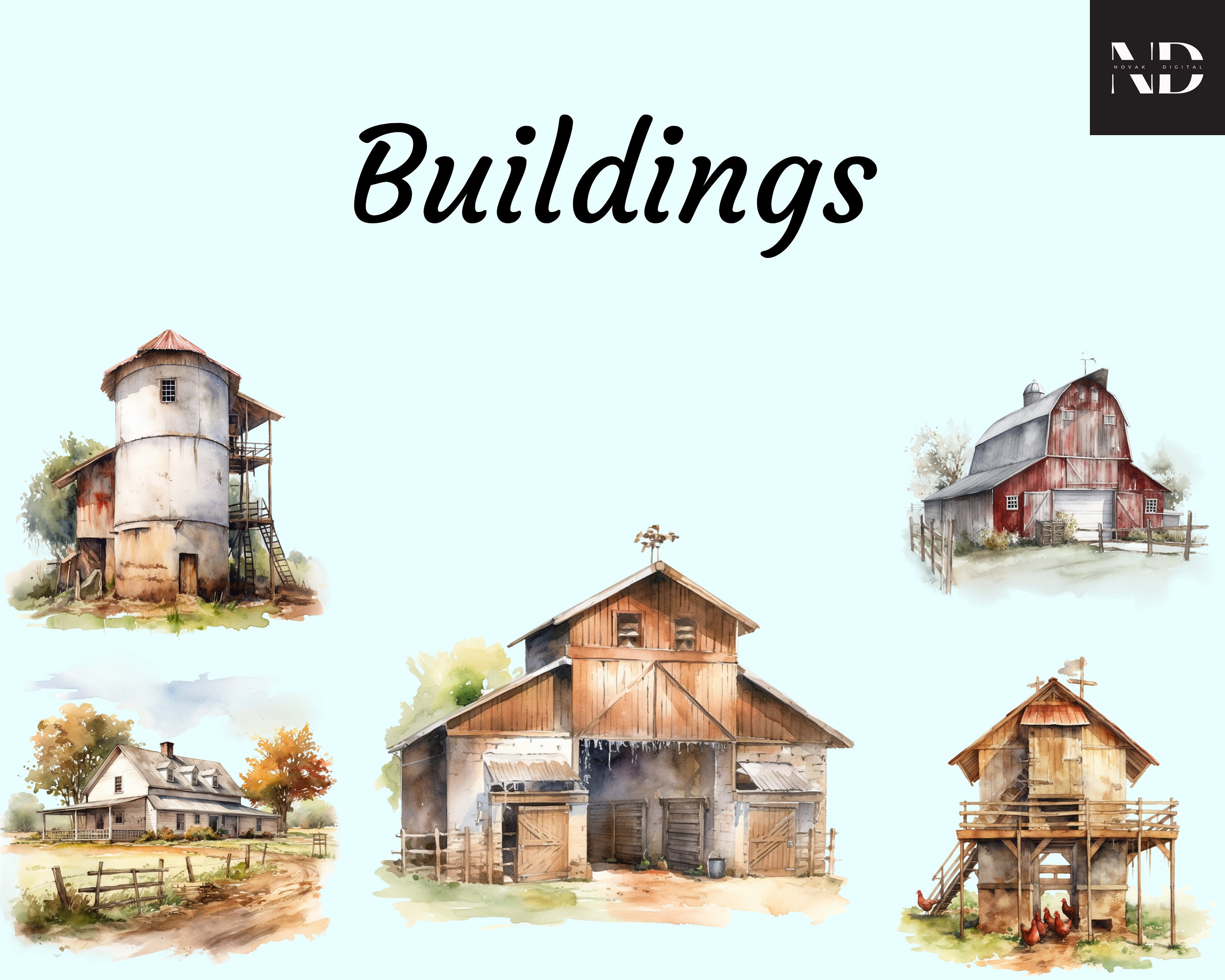 Watercolor Farm Elements Clipart Farm Animals Watercolor - Etsy