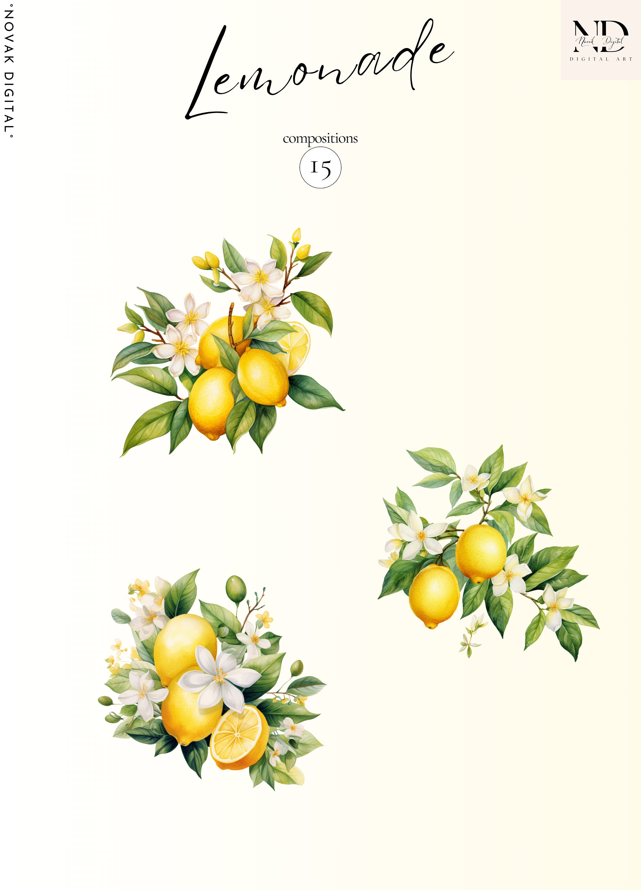 Watercolor Lemon Clipart PNG Set of 20 , Lemon Flowers Bouquet PNG ...