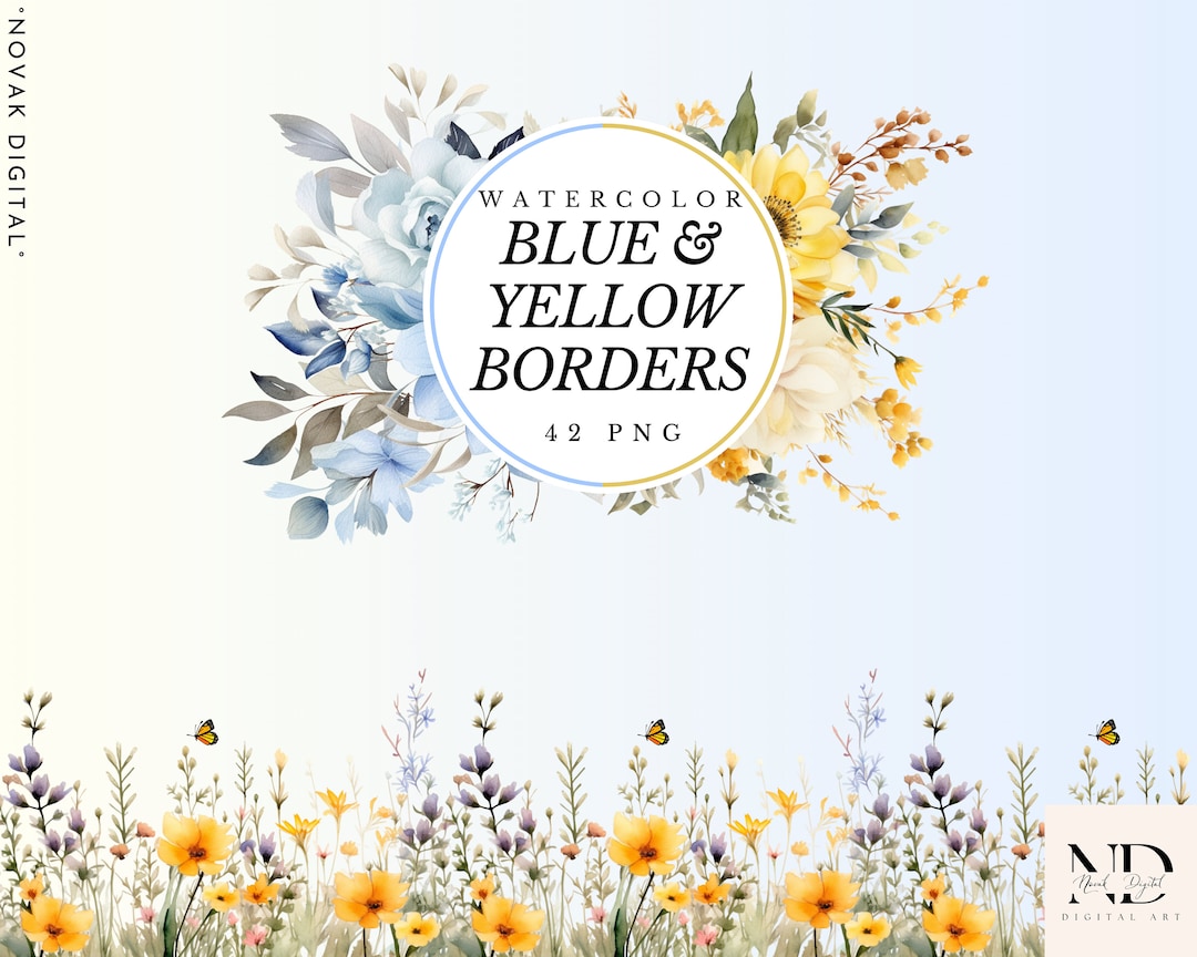 Watercolor Floral Blue & Yellow Borders Clipart 42 PNG Watercolor ...