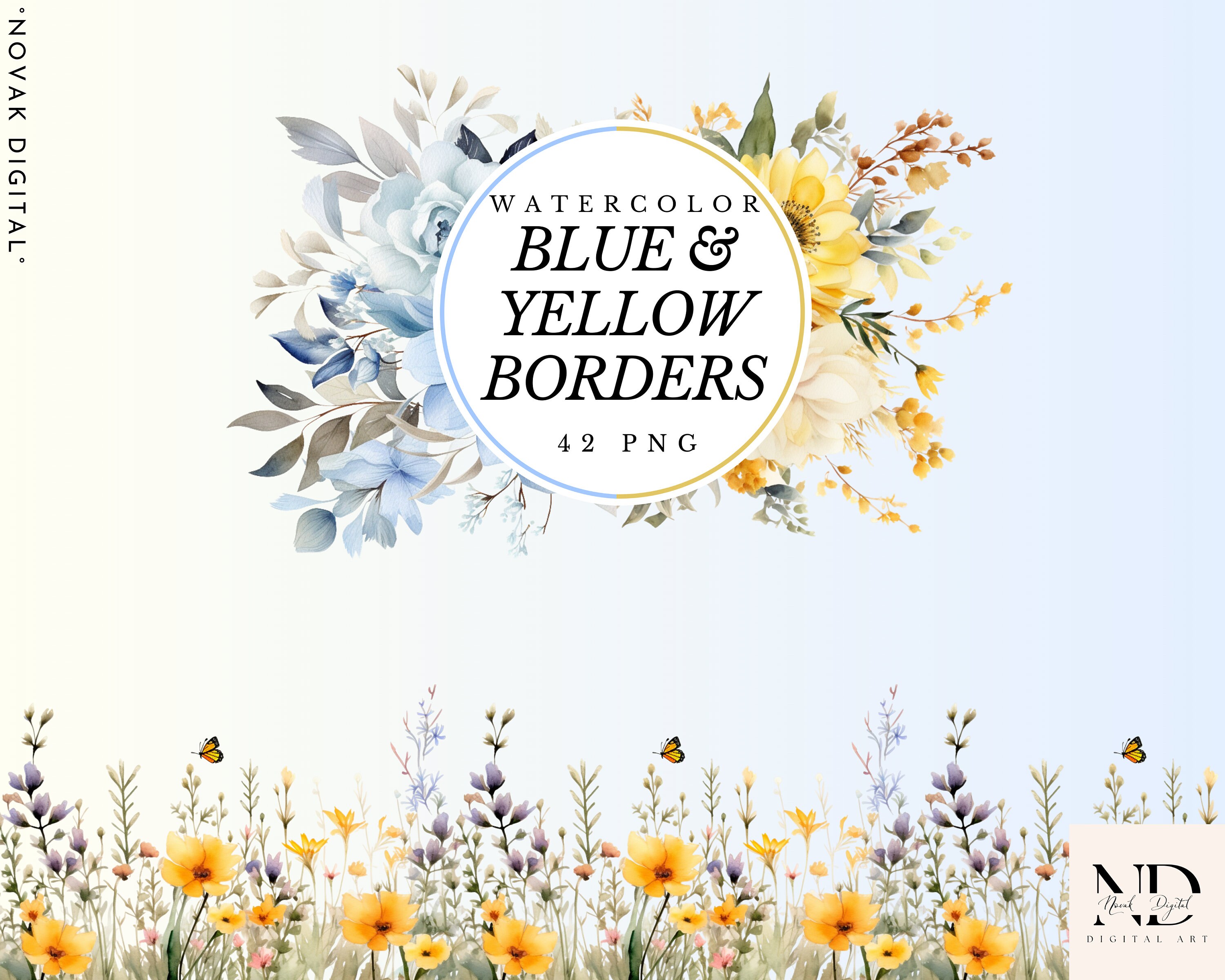 Watercolor Floral Blue & Yellow Borders Clipart 42 PNG Watercolor ...