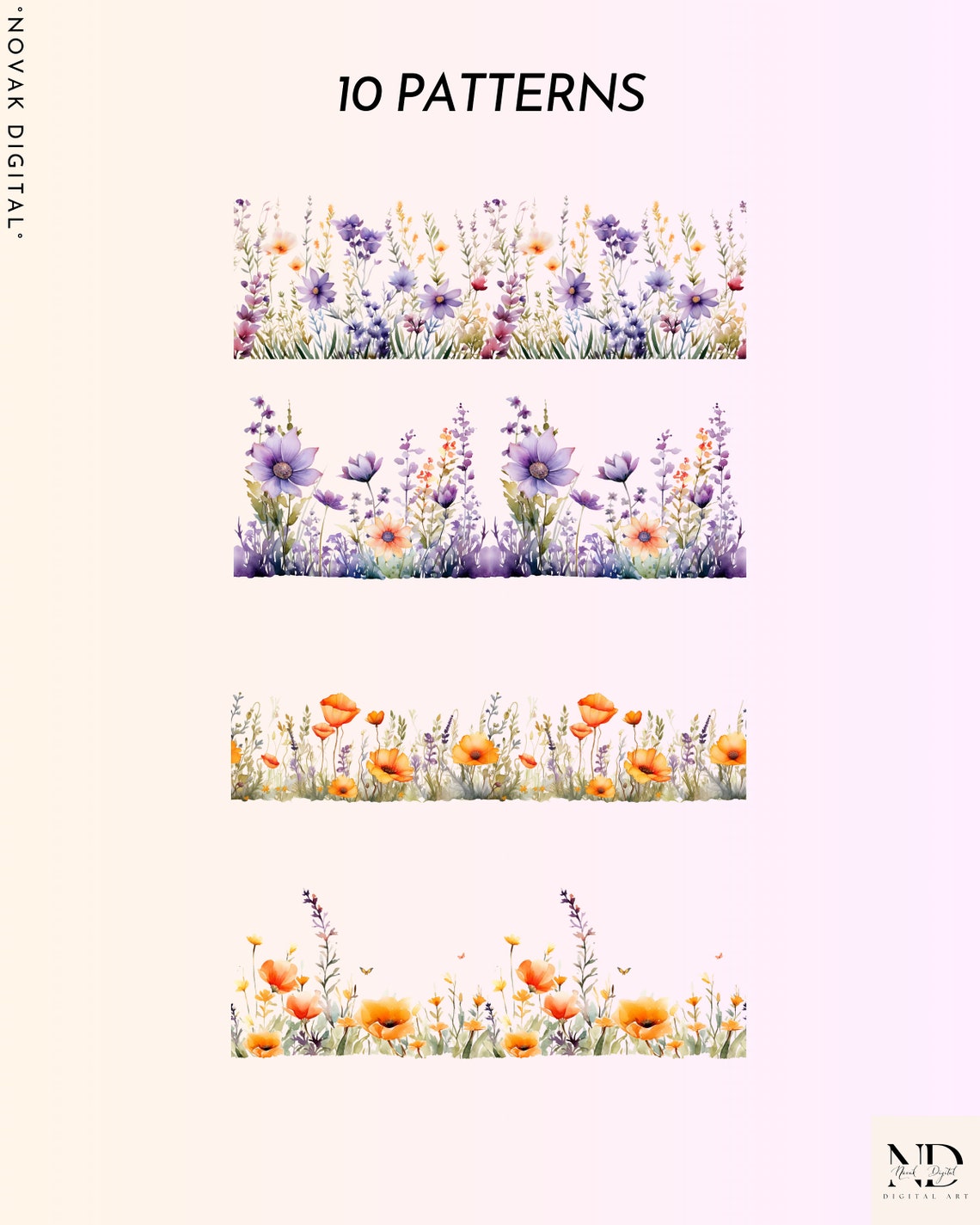 Watercolor Floral Borders Clipart: Purple & Orange, 42 PNG (digital ...
