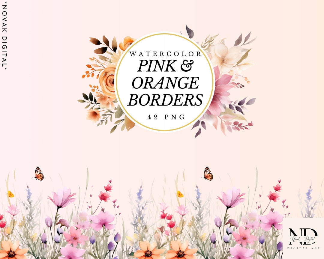 Watercolor Floral Orange & Pink Borders Clipart 42 PNG Watercolor ...