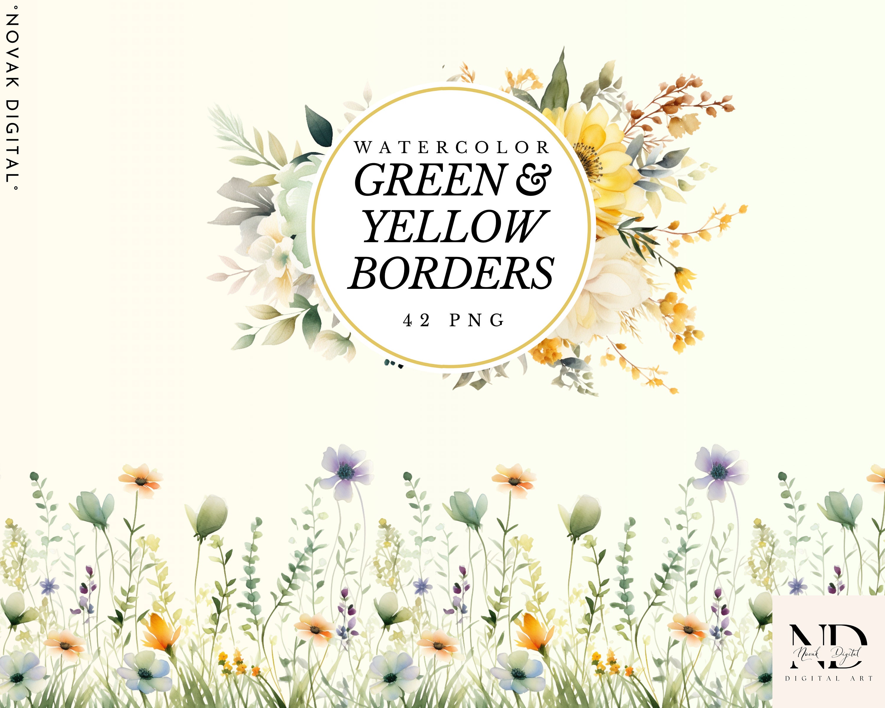 Watercolor Floral Yellow & Green Borders Clipart 42 PNG Watercolor ...