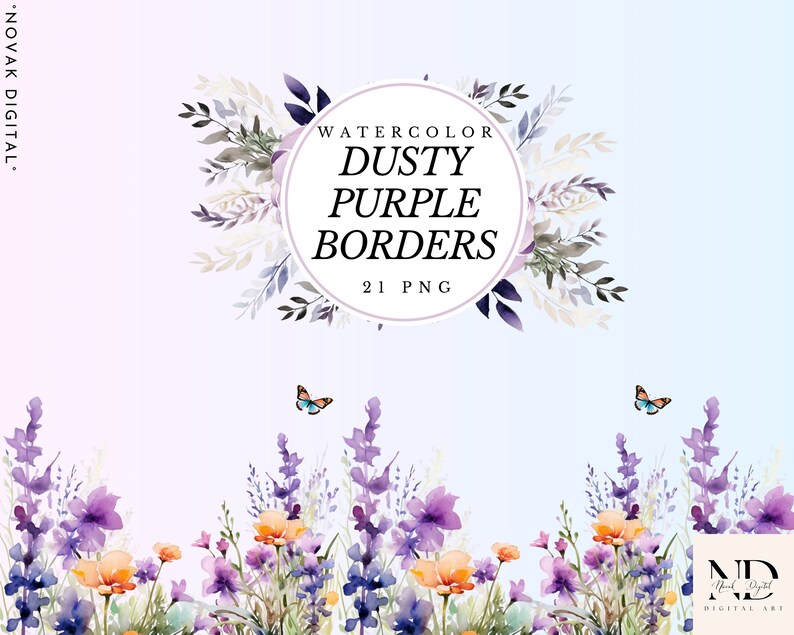 Watercolor Floral Blue & Purple Borders Clipart 42 PNG Watercolor ...