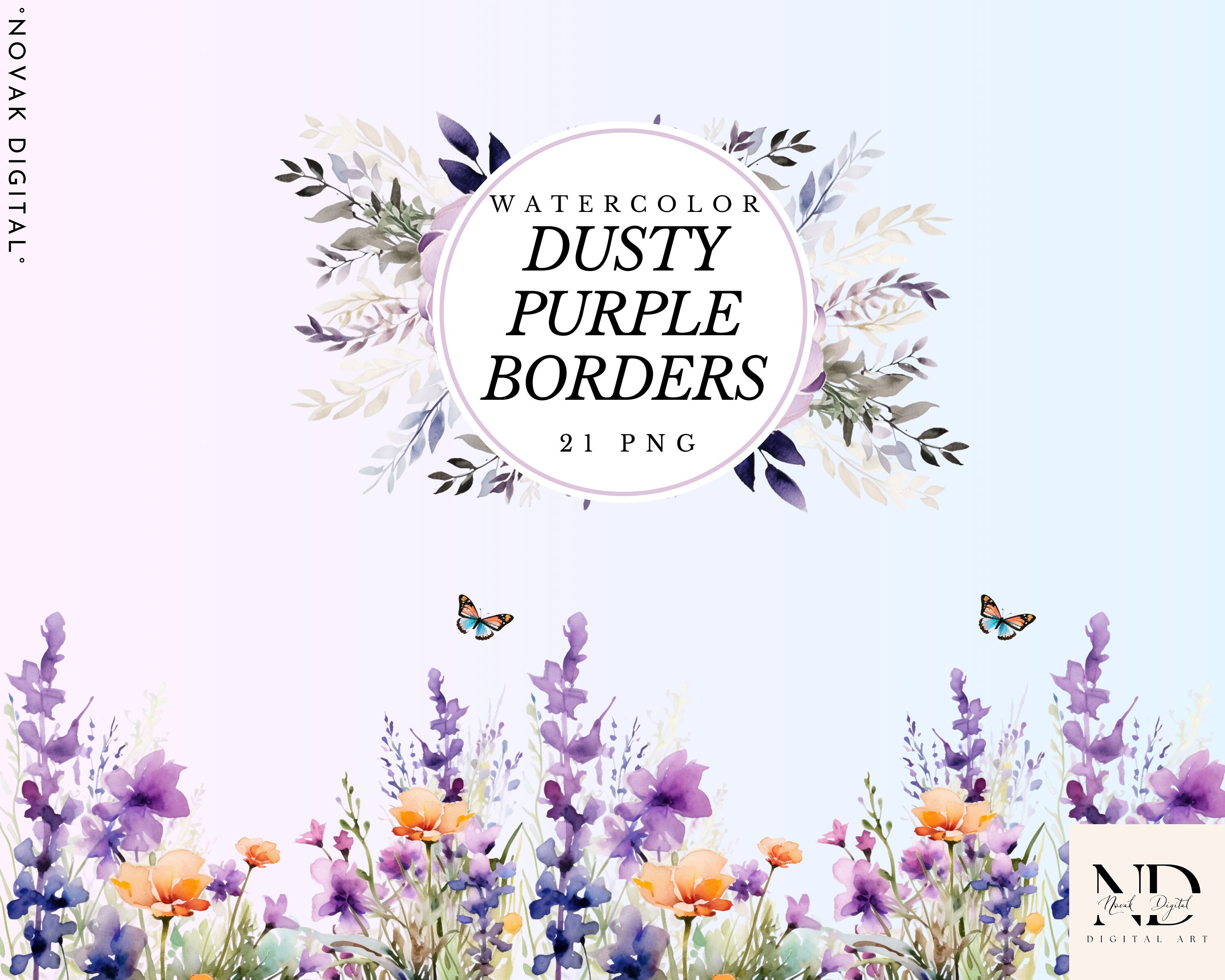 Watercolor Floral Blue & Purple Borders Clipart 42 PNG Watercolor ...