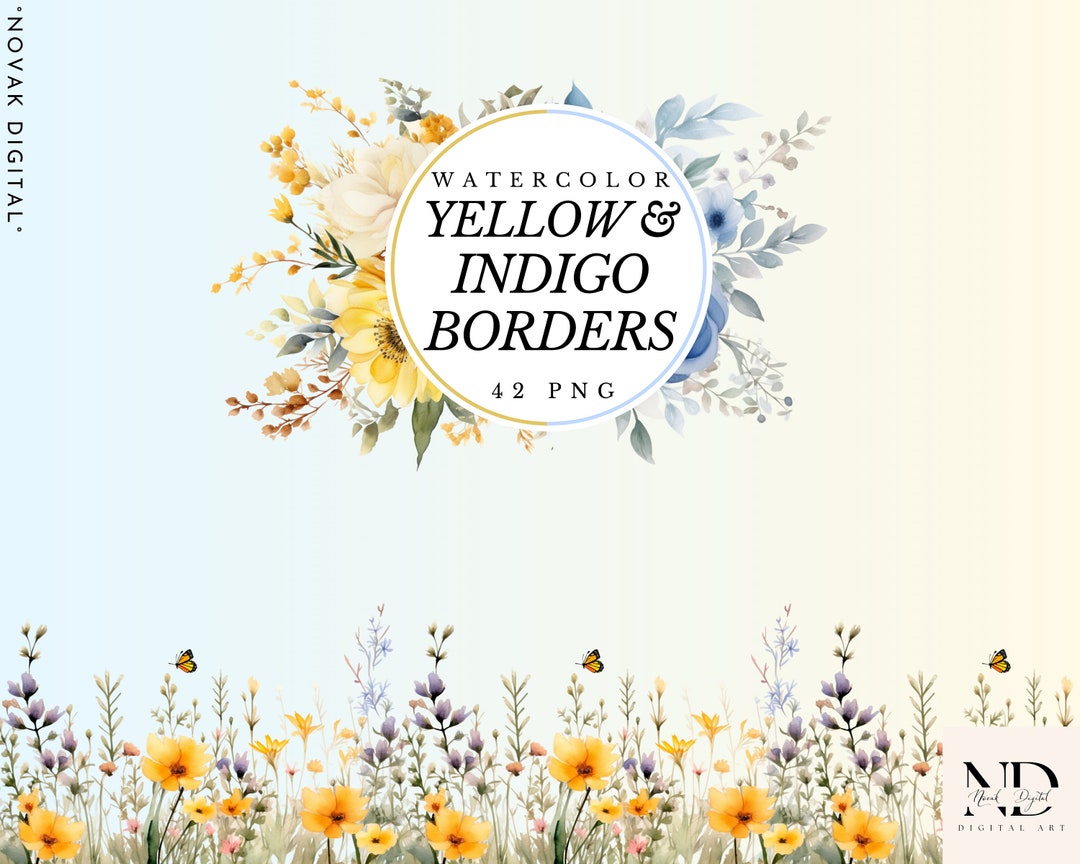 Watercolor Floral Yellow & Indigo Borders Clipart 42 PNG Watercolor ...
