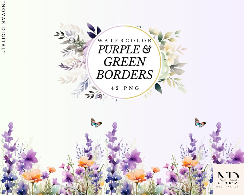 Watercolor Floral Purple & Green Borders Clipart 42 PNG Watercolor ...