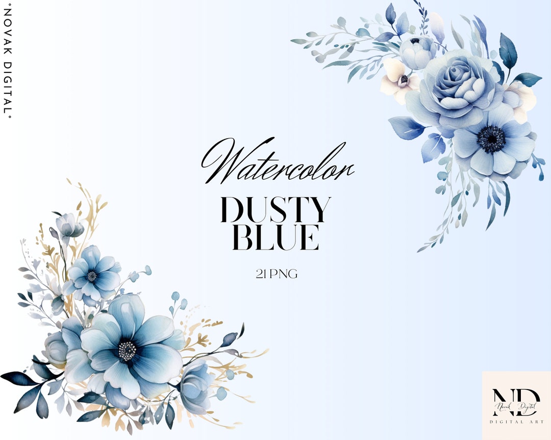 Watercolor Dusty Blue Floral Clipart Set, Wedding PNG (digital Download ...