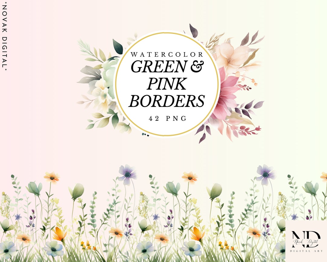 Watercolor Floral Pink & Green Borders Clipart 42 PNG Watercolor ...