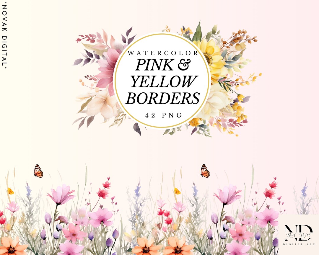 Watercolor Floral Pink & Yellow Borders Clipart 42 PNG Watercolor ...