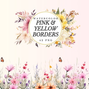 Watercolor Floral Pink & Yellow Borders Clipart 42 PNG Watercolor ...