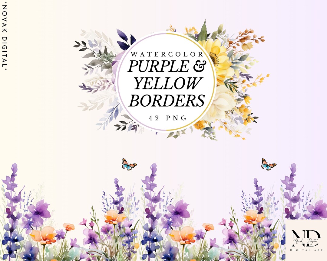 Watercolor Floral Borders Clipart: Purple & Yellow Flowers (42 PNG) - Etsy